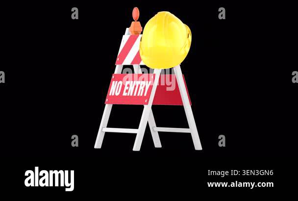 No Entry Sign. Road barrier with yellow hard hat rotation animation ...