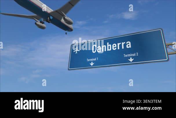 Airplane landing in Canberra. Plane travel to Australia arrive with ...