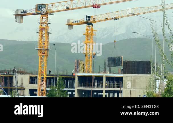 Yellow tower cranes working at a modern construction site against a ...