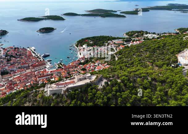 Incredible aerial view of hvar town on the adriatic sea. The spanish ...