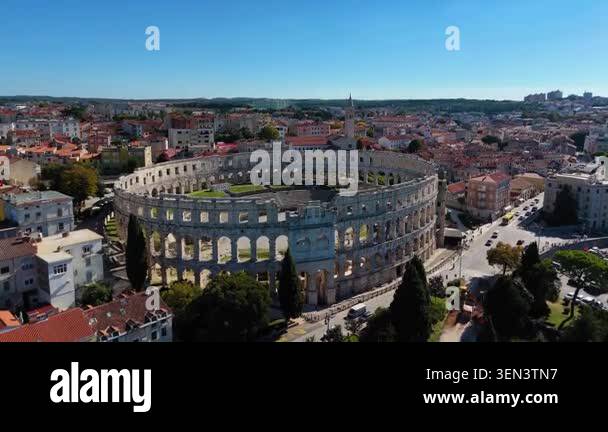Majestic aerial view of the ancient roman pula arena amphitheater ...