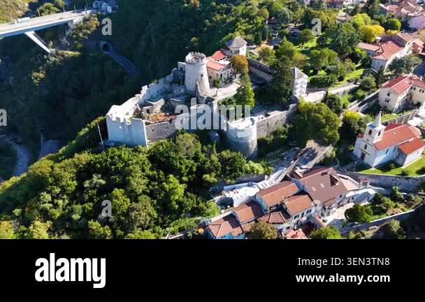 Aerial footage orbiting the historic trsat castle, an ancient fortress ...