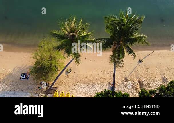 Aerial top down view of a drone flying away from a serene sandy beach ...