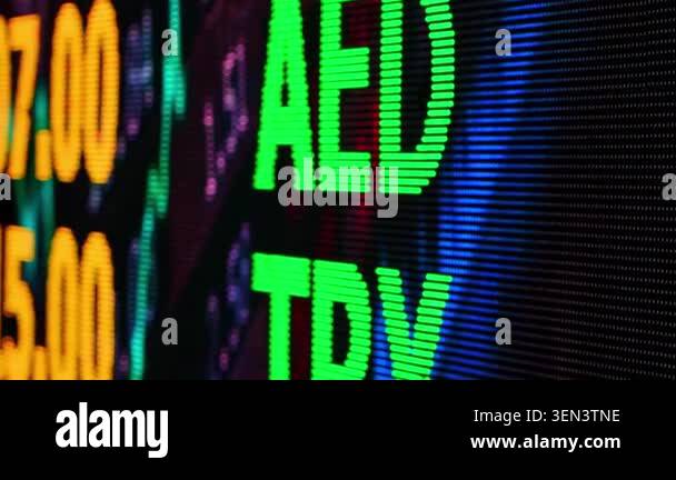 Panning video of digital stock market ticker board displaying AED and ...