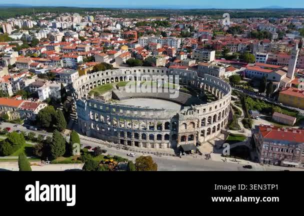 Majestic aerial view of the ancient roman amphitheater, the pula arena ...