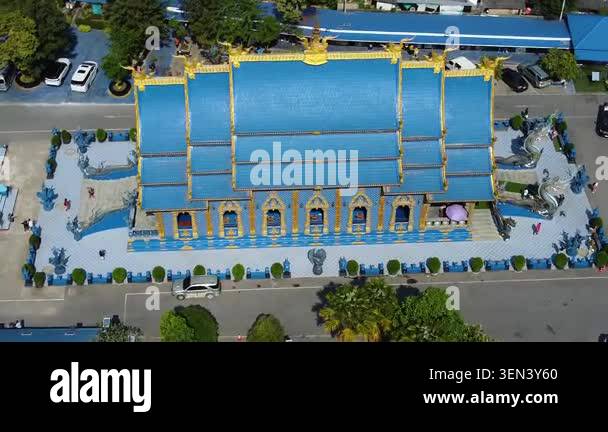 High angle aerial view of the famous wat rong suea ten, the blue temple ...
