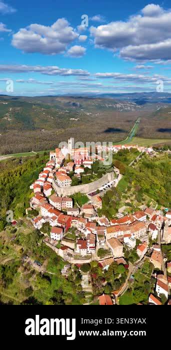 Aerial view circling the ancient fortified town of motovun in istria ...
