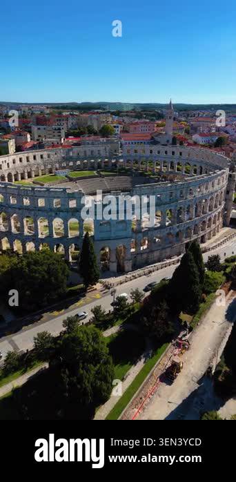 Aerial view circling the ancient roman amphitheater, pula arena. The ...