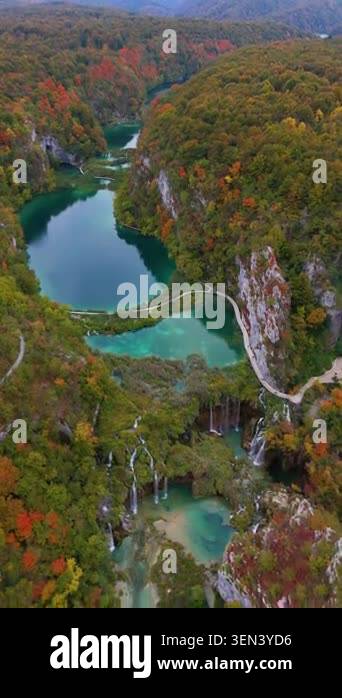 Panoramic aerial footage of the stunning waterfalls and turquoise lakes ...