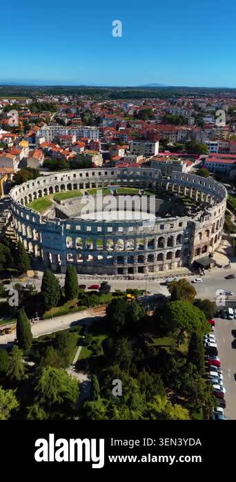 Magnificent aerial view of the ancient roman pula arena in croatia. The ...