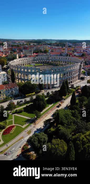 High aerial view showing the pula arena, a roman amphitheater in istria ...