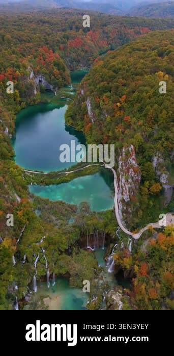Aerial view revealing the stunning waterfalls and turquoise lakes of ...