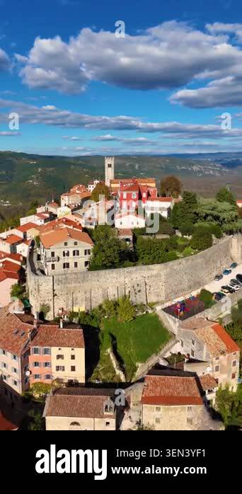 Beautiful aerial footage flying over the medieval town of motovun in ...