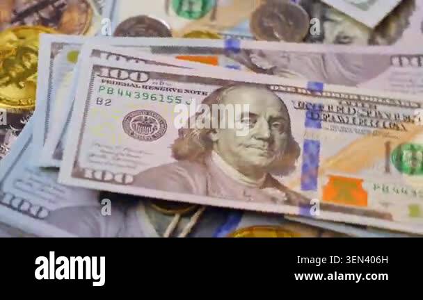 Smoothly rotating background with US Dollar and Euro bills and BTC ...