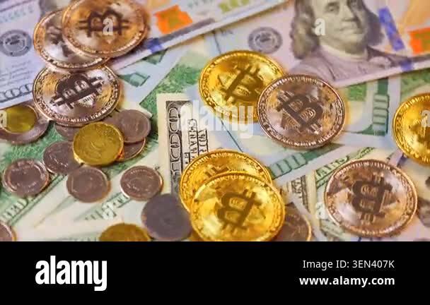 Smoothly rotating background with US Dollar and Euro bills and BTC ...