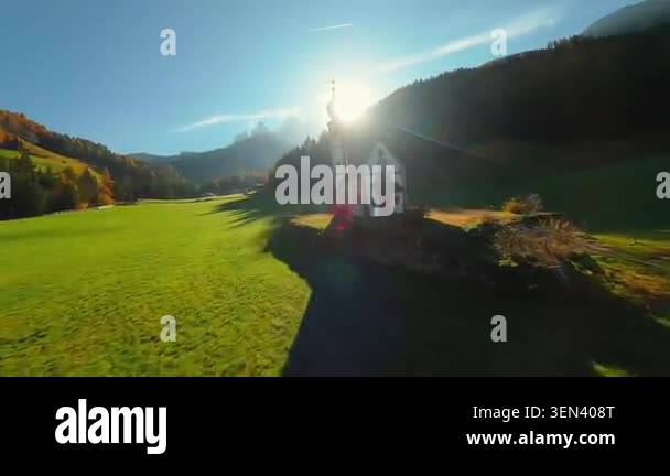 FPV Aerial view of the Church of St. Johann, Chiesetta di San Giovanni ...