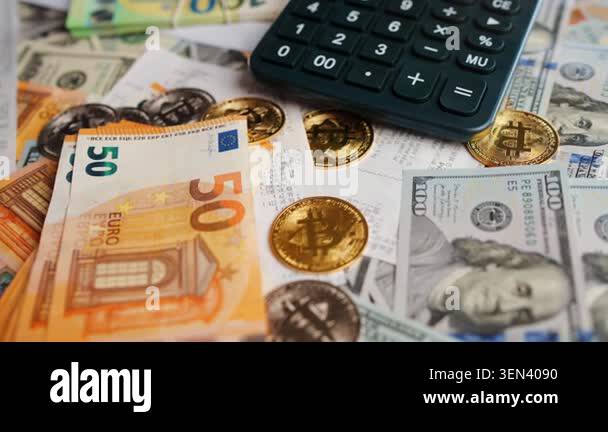 Smoothly rotating background with US Dollar and Euro bills, BTC ...