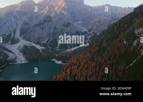Aerial view on Lake Lago di Braies, a romantic place with a wooden ...