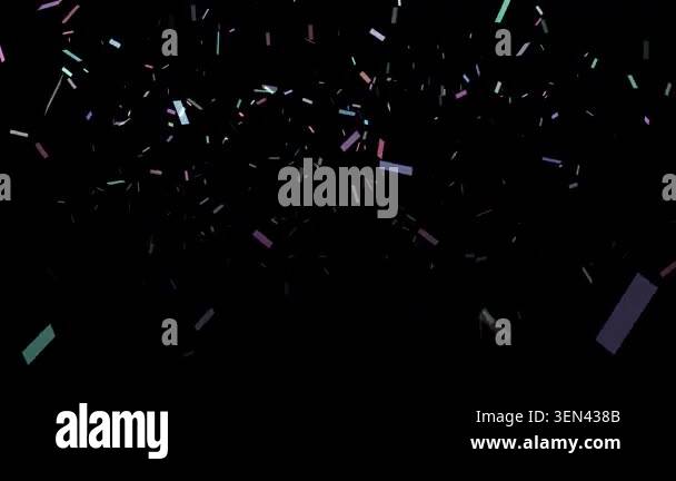 Colorful confetti shiny particles falling against black screen Stock ...