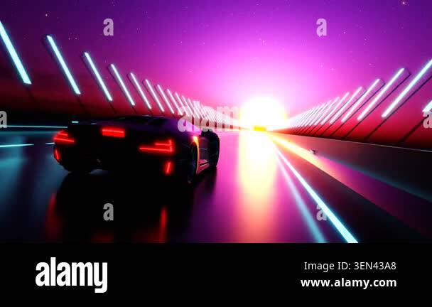 Futuristic car driving fast on a night track with colorful neon lights ...