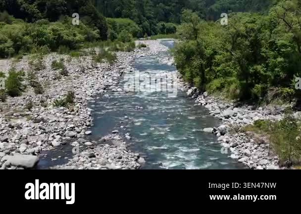 Clear river flowing through rocky landscape surrounded by trees Stock ...