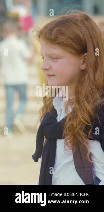 close portrait white redhead girl smiling, student adjusting backpack ...