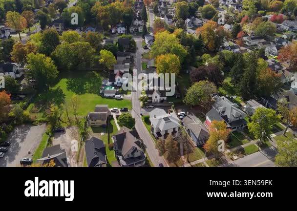 Aerial view of suburban residential neighborhood in USA with detached ...