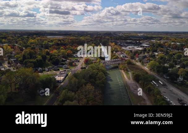 Aerial view of Erie Canal in Lockport, New York, USA with bridge ...