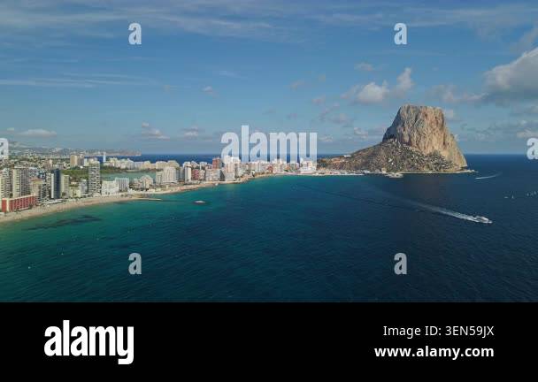 Wide aerial panorama of Calpe bay with Penon de Ifach landmark Spain ...