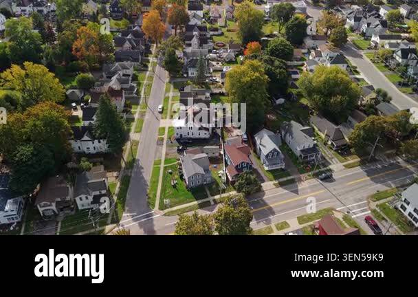 Aerial view of suburban neighborhood in USA with detached houses, quiet ...