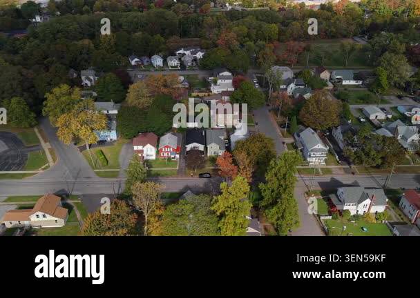 Aerial view of suburban neighborhood in USA with family houses, quiet ...