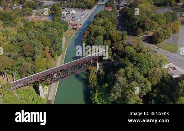 Aerial view of historic railway bridge over Erie Canal in Lockport, New ...