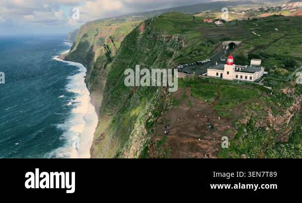 Coastal Lighthouse Overlooking Ocean Horizon on Coastal Cliff Madeira ...
