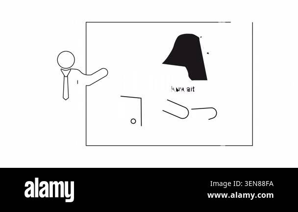 A simple line drawing shows a person presenting a map of Kuwait and a ...