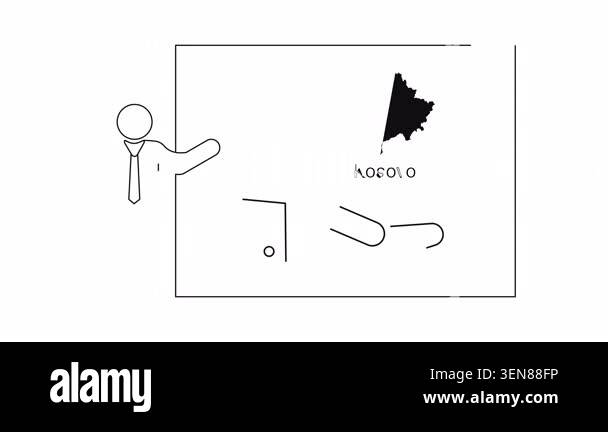 A simple line drawing shows a person presenting a map of Kosovo and a ...