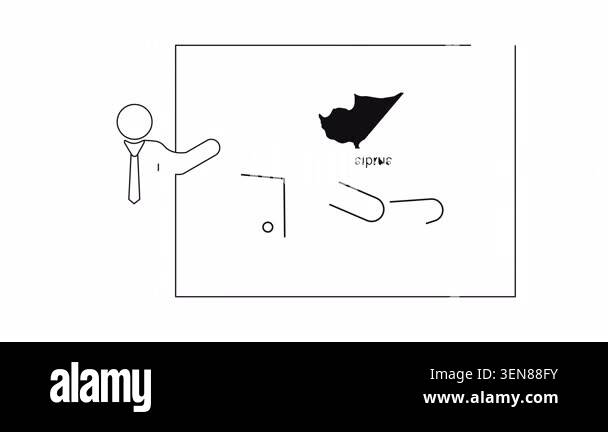 A simple line drawing shows a person presenting a map of Cyprus and a ...