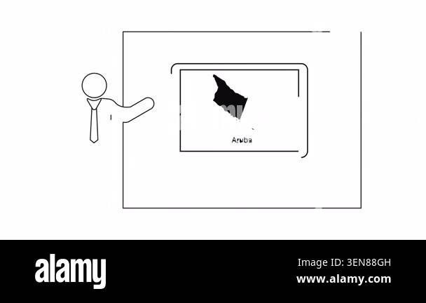 A simple line drawing of a person in a suit pointing to a laptop ...