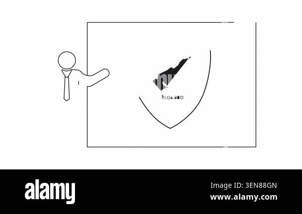 A simple line drawing of a person pointing to a screen displaying a ...