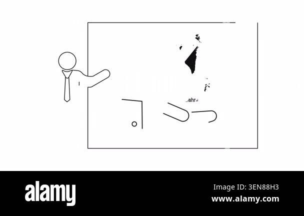 A simple line drawing shows a person presenting a map of Bahrain and a ...