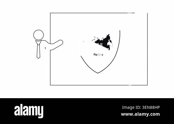 A simple line drawing shows a person presenting a shield with the map ...