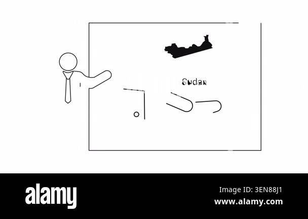 A simple line drawing shows a person presenting a map of Sudan and a ...