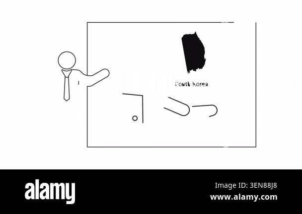 A simple line drawing shows a person presenting a map of South Korea ...