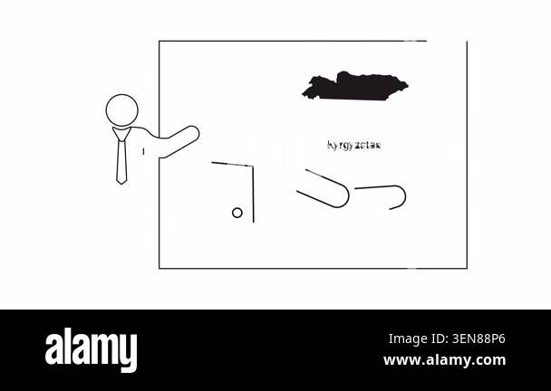 A simple line drawing shows a person presenting a map of Kyrgyzstan and ...