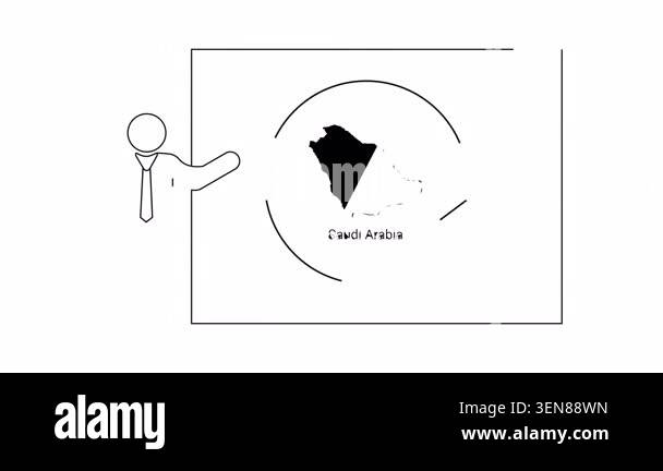 A simple line drawing shows a person presenting a map of Saudi Arabia ...