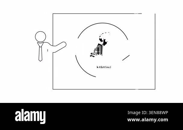 A simple line drawing of a man pointing at a screen displaying a map of ...