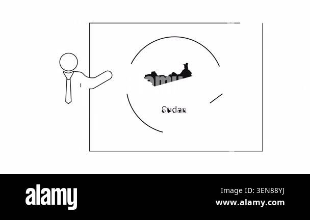 A simple line drawing shows a person presenting a map of South Sudan on ...