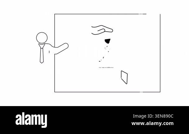 A simple line drawing of a person presenting a concept on a whiteboard ...