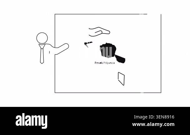 A simple line drawing of a man pointing to a map of French Polynesia on ...