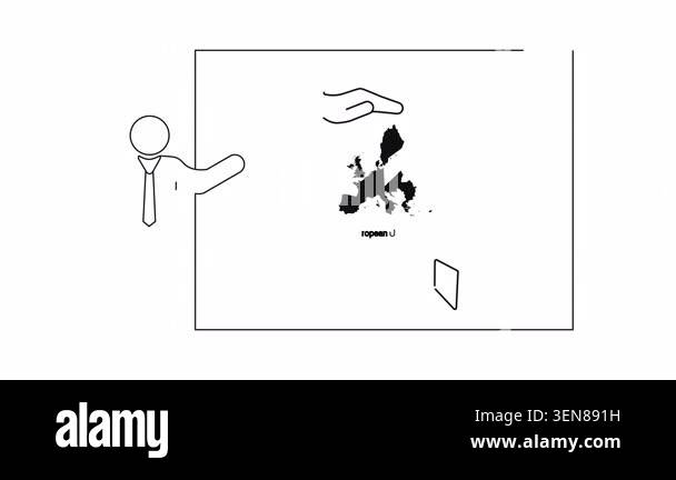 A simple line drawing shows a person presenting a map of Europe ...