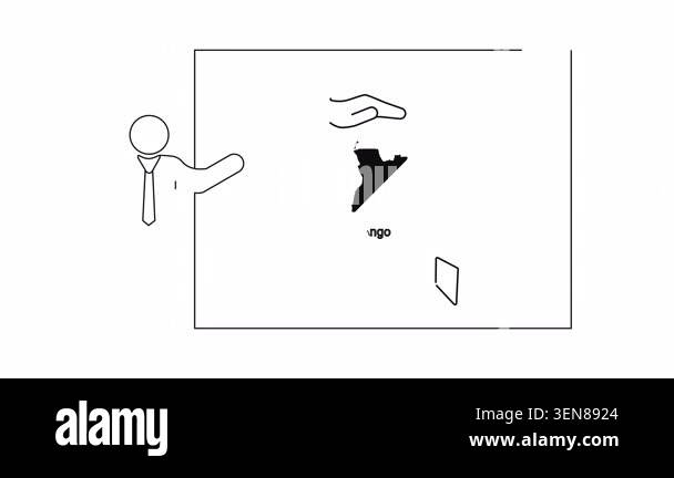 A simple line drawing shows a person icon presenting a map of Angola on ...